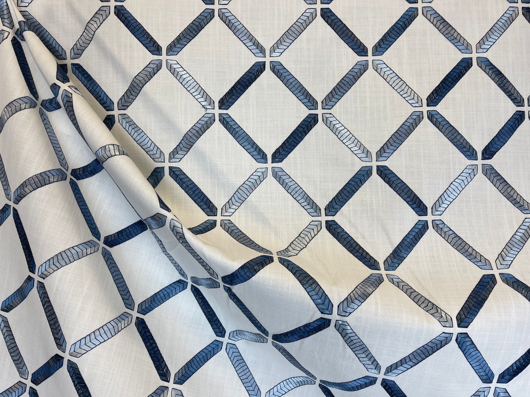 Blue and White Geometric Embroidered Home Decor Fabric - Top Fabric ...