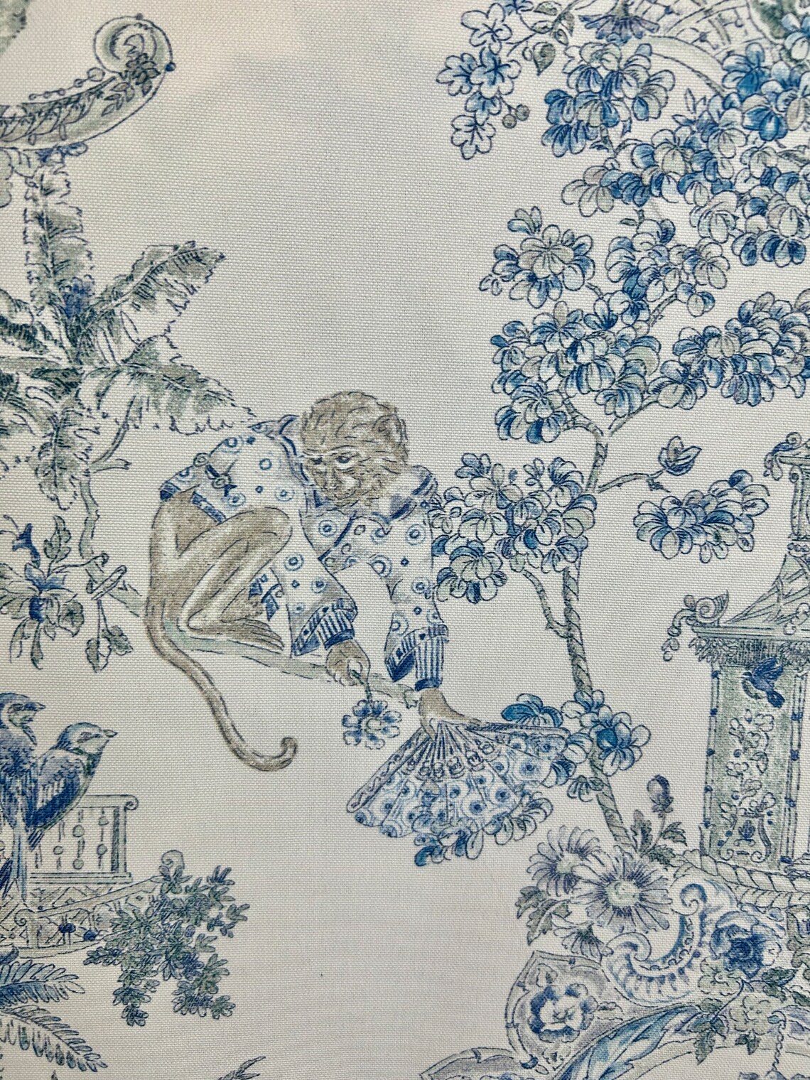 Siam Blue - Oriental - Floral - Monkey - Blue - Building - Drapery ...