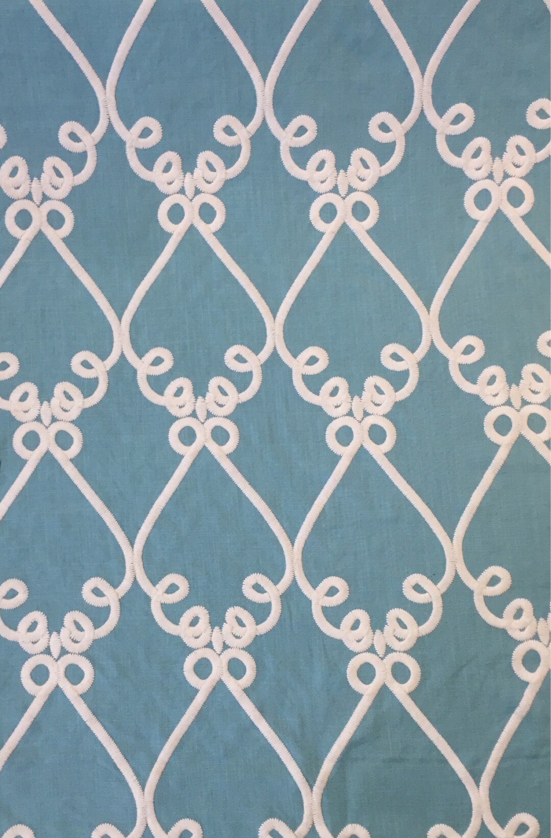 Turquoise - off White Swirls - Embroidered - Upholstery Fabric by the ...
