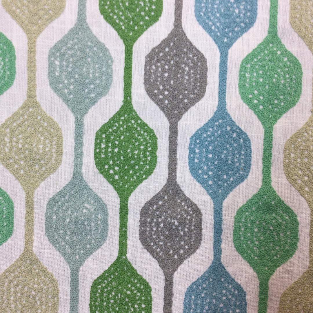 Blue Green Gray Embroidered - Geometric - Drapery Fabric - Fabric by ...
