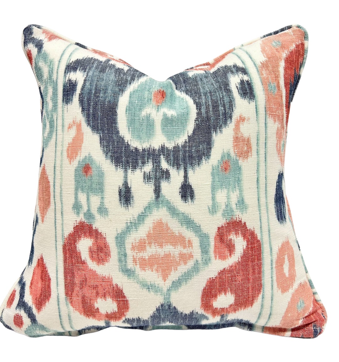 Ikat Blue and Coral Self Welt Pillow Cover - Ikat Print - Decorative ...