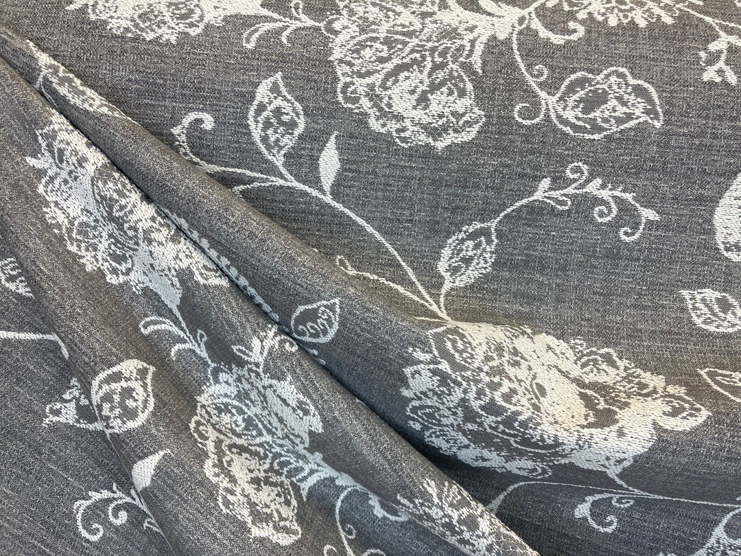 Gray and White Woven Damask - Soft Floral Fabric - Large Scale Pattern ...
