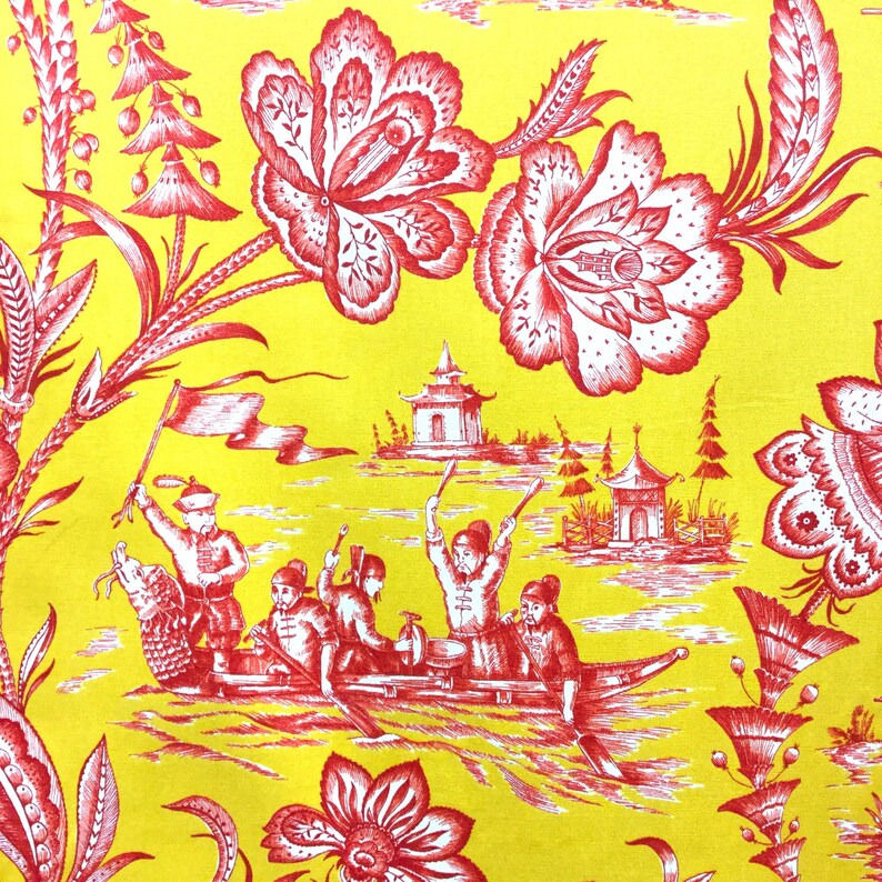 Red and Yellow Oriental Toile Chinoiserie Drapery Fabric | Etsy