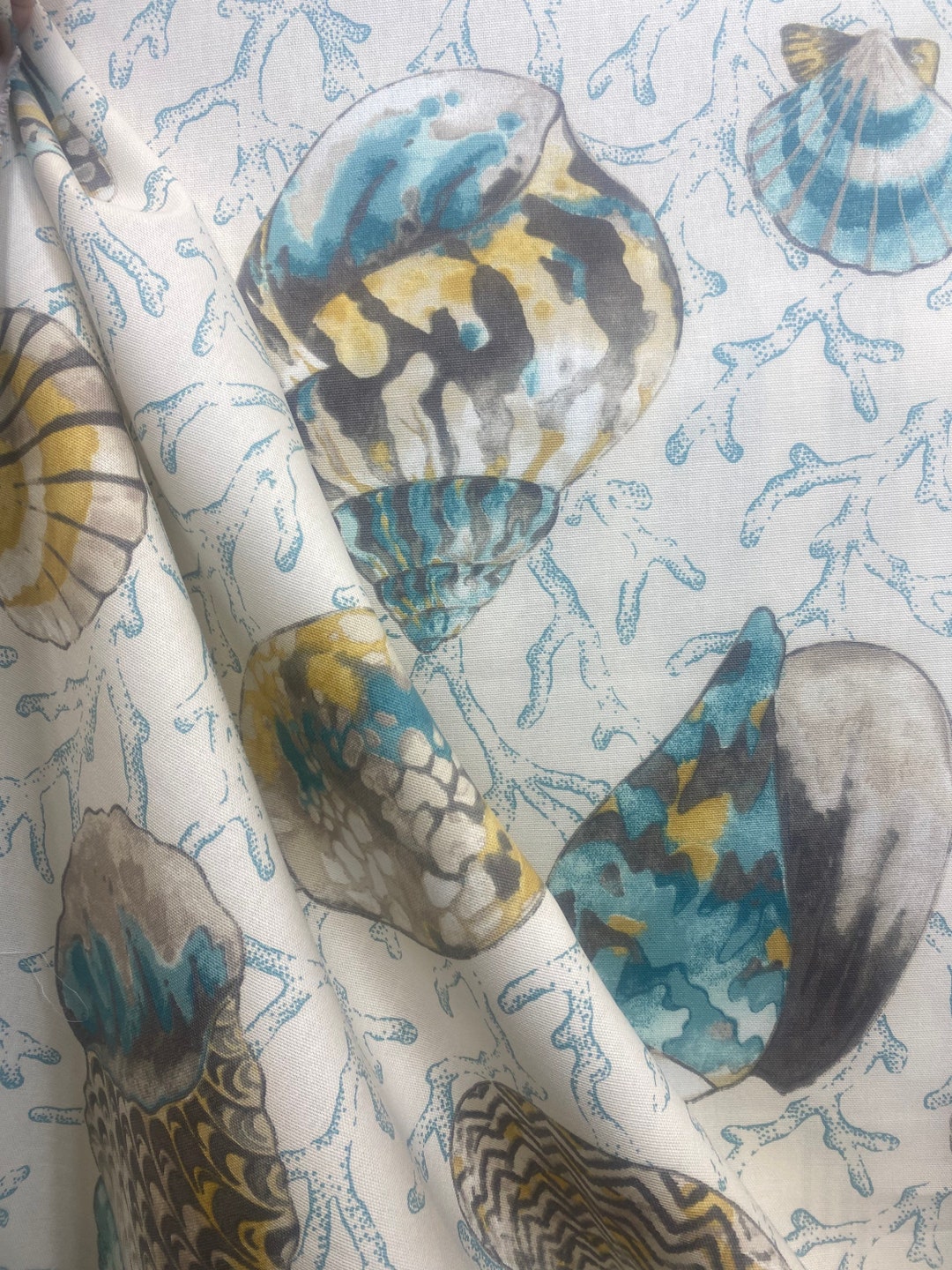 Ocean Treasures Caribbean Blue - Blue and Yellow Shell Upholstery ...