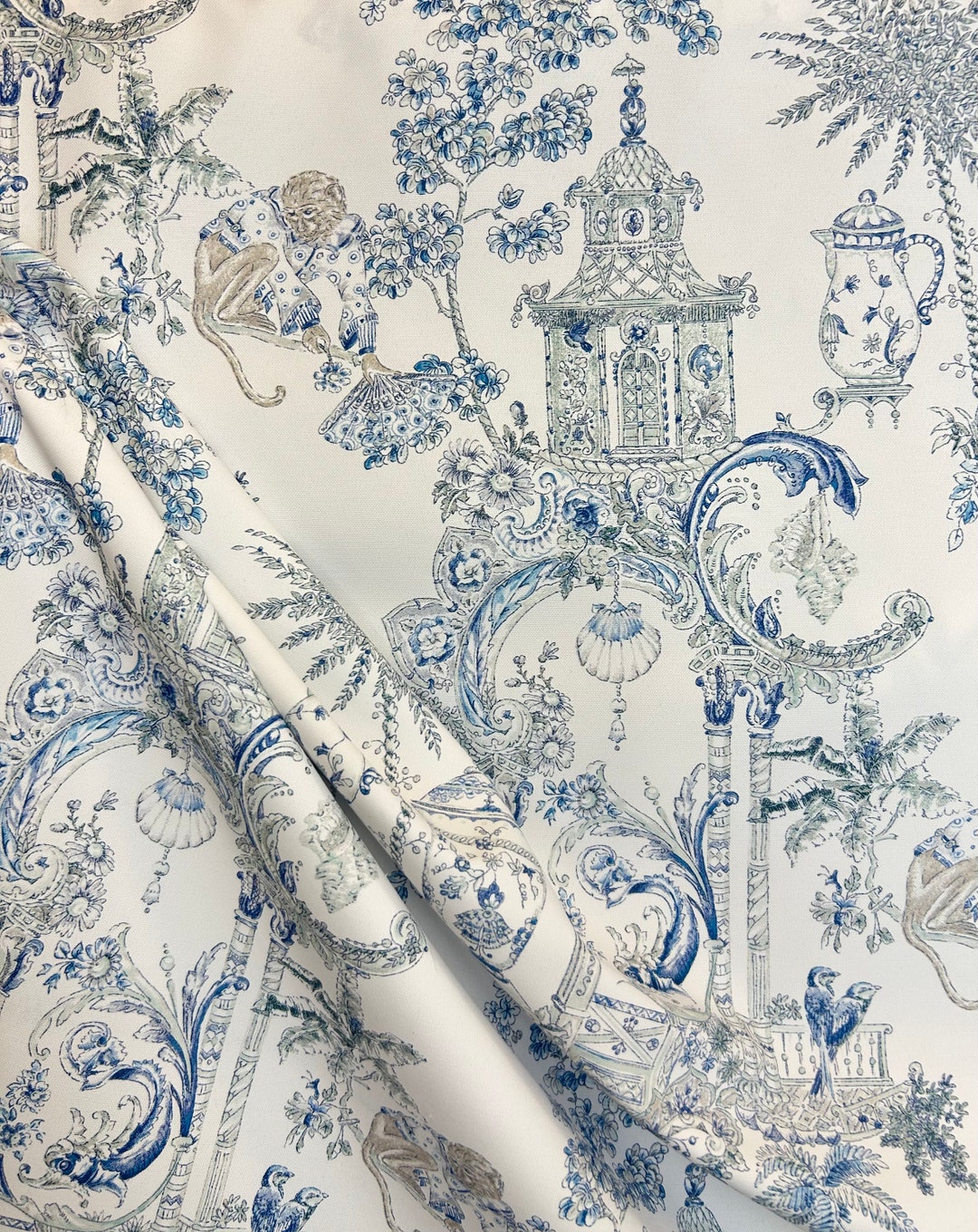 Siam Blue - Oriental - Floral - Monkey - Blue - Building - Drapery ...
