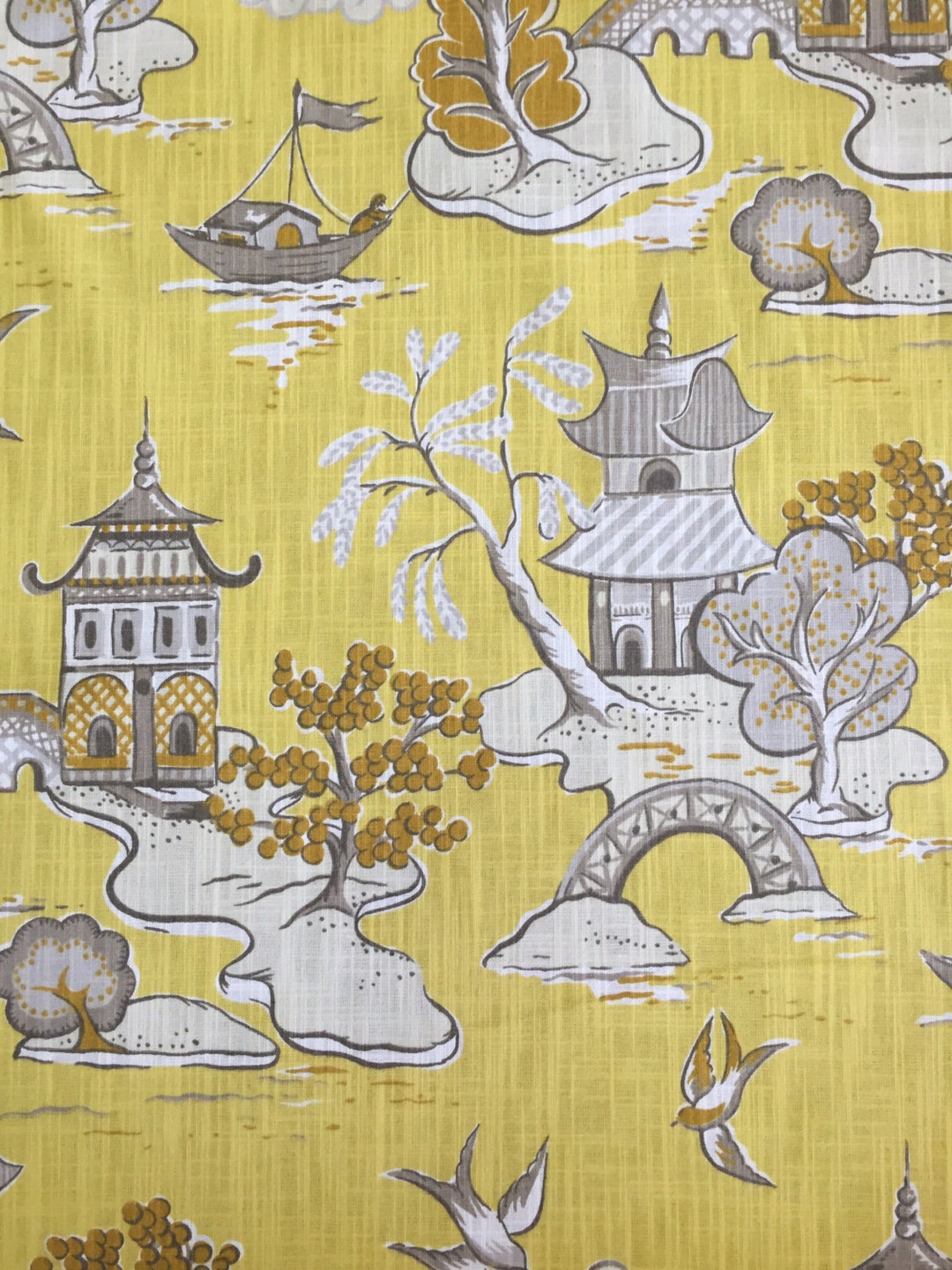 Asian Toile - Chinoiserie - Pagoda Fabric - Wang Chung Lemon - Lemon ...