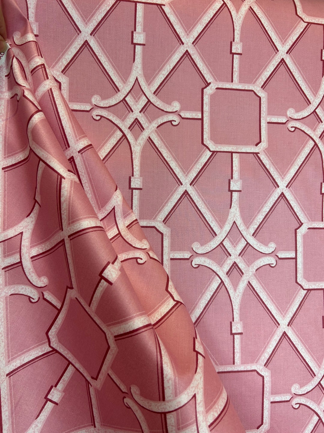 Bermuda Waverly - Pink Chinoiserie Bamboo Lattice - Pink Bamboo Fabric ...