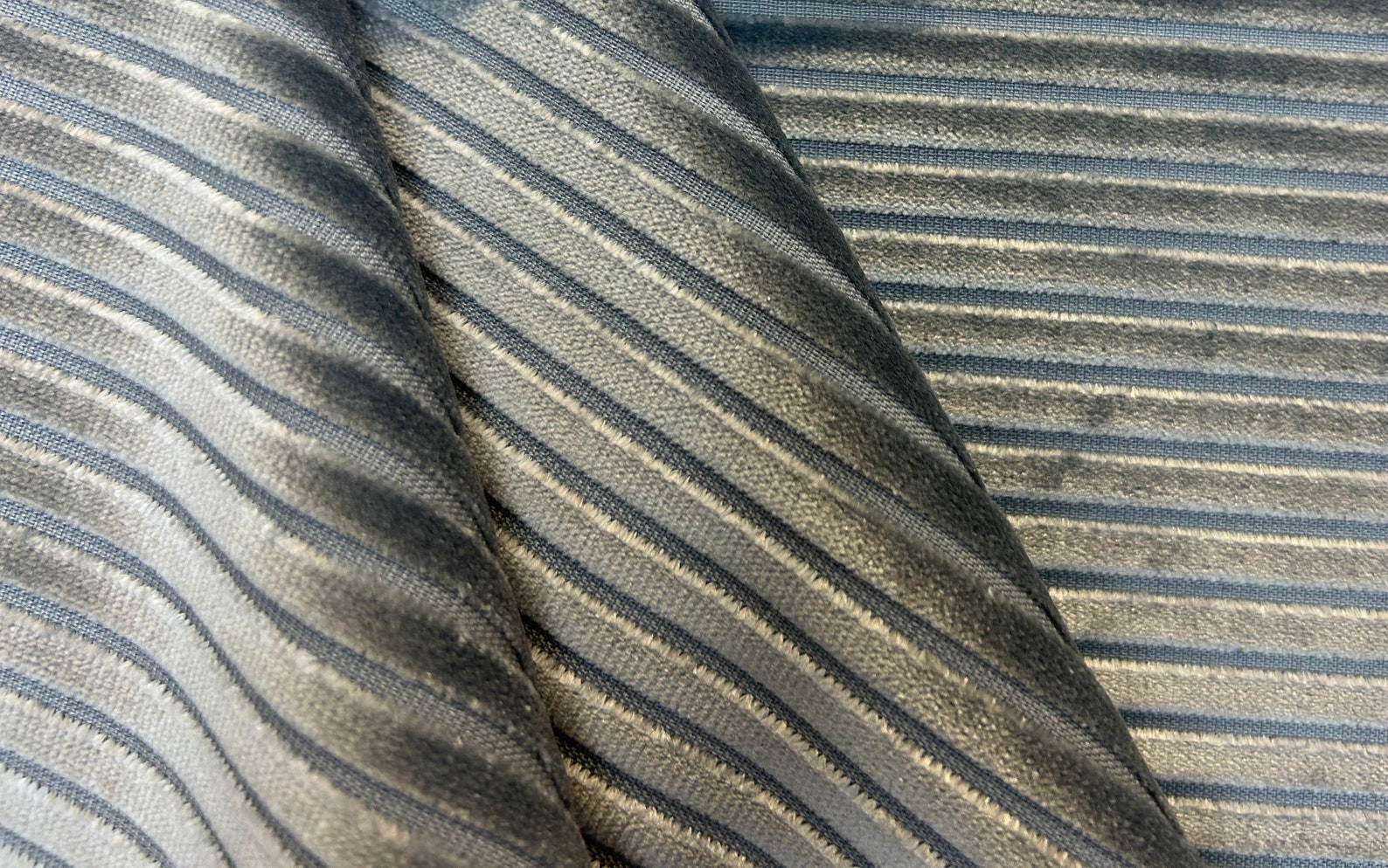 Dusty Blue Cut Velvet Railroaded Stripe Upholstery Fabric - Soft Blue ...