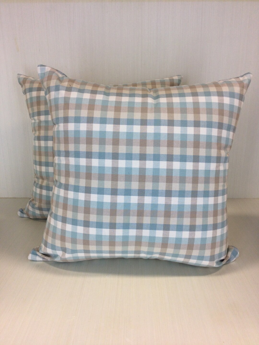 Blue and Cream Check - Check Pillow - Pillow Cover - Knife Edge ...