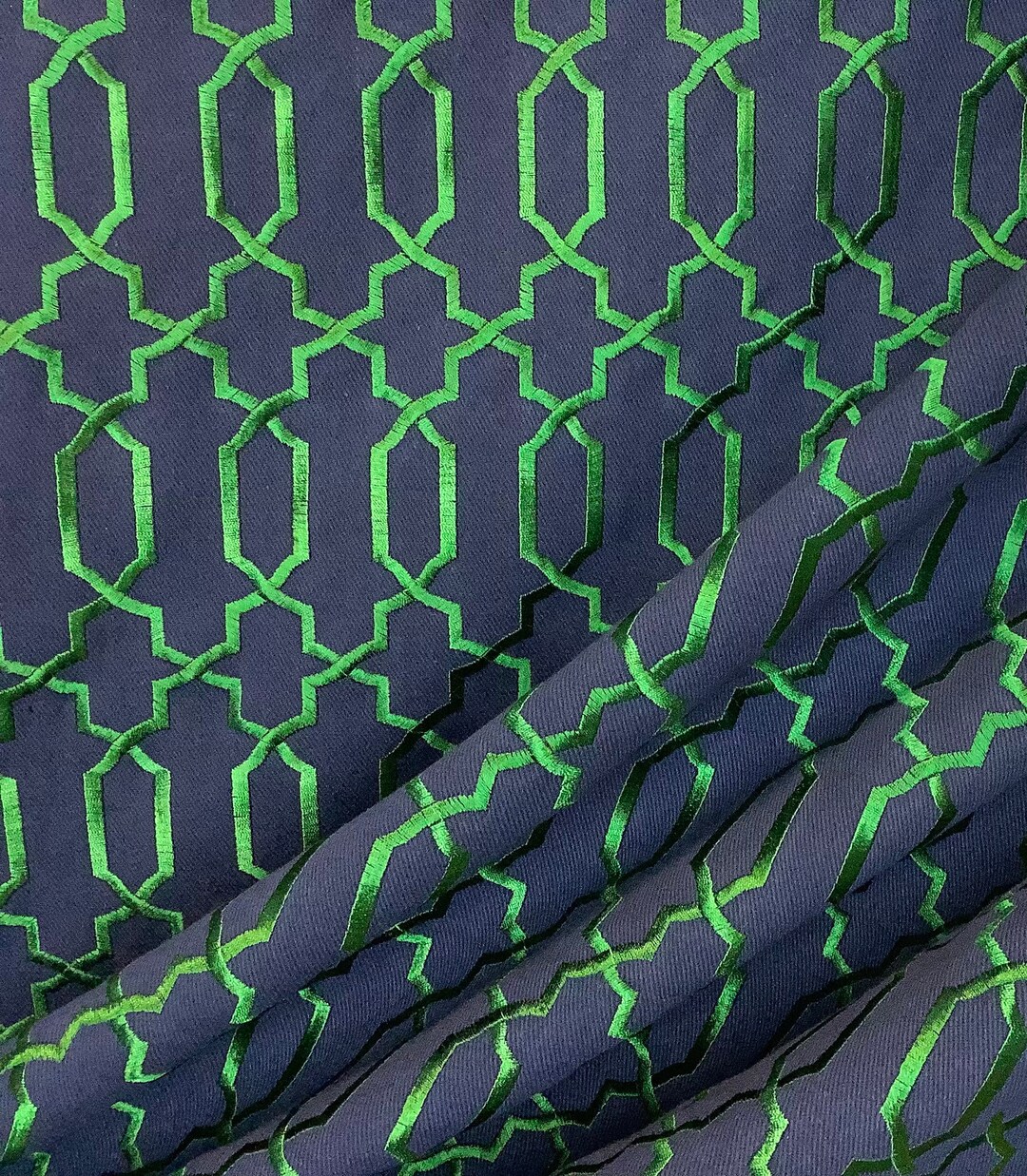 Classic Navy and Green Embroidery - Drilled Navy Fabric - Lime Green ...
