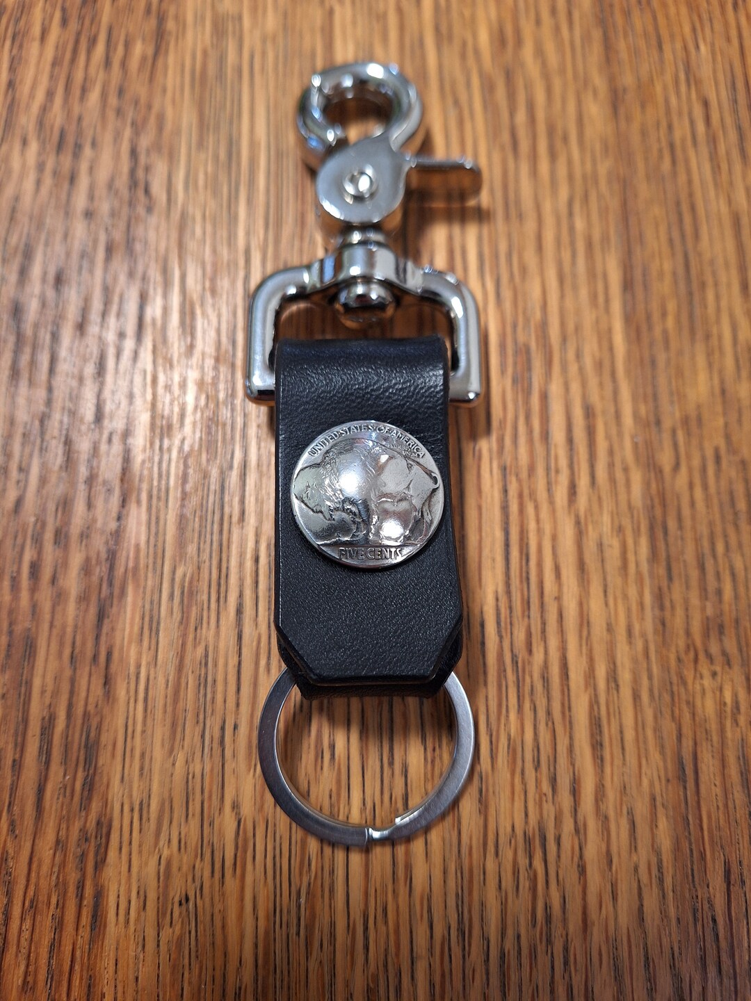 Black Leather Key Fob With Real Buffalo Nickel, Chrome Plated Clip and ...