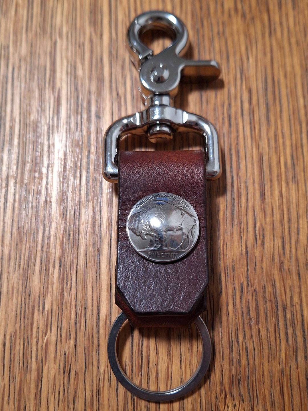 Brown Leather Key Fob With Real Buffalo Nickel, Chrome Plated Clip and ...