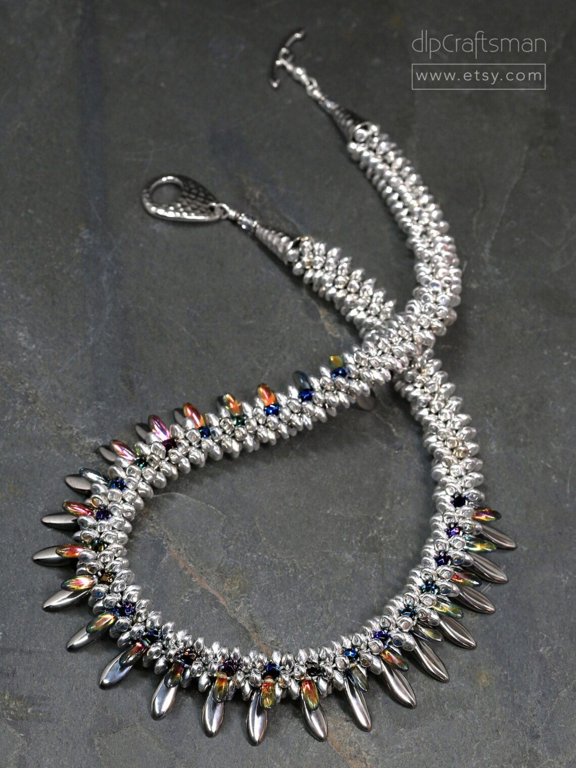 Silver Dagger Beaded Necklace, Beaded Kumihimo Necklace, Silver/marea ...