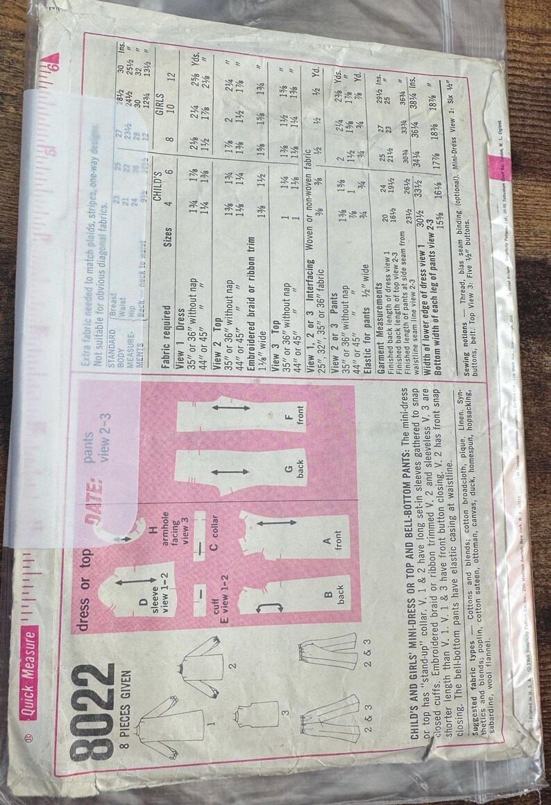 Simplicity 8022 Vintage Sewing Pattern - Child’s Mini Dress, Top, and ...