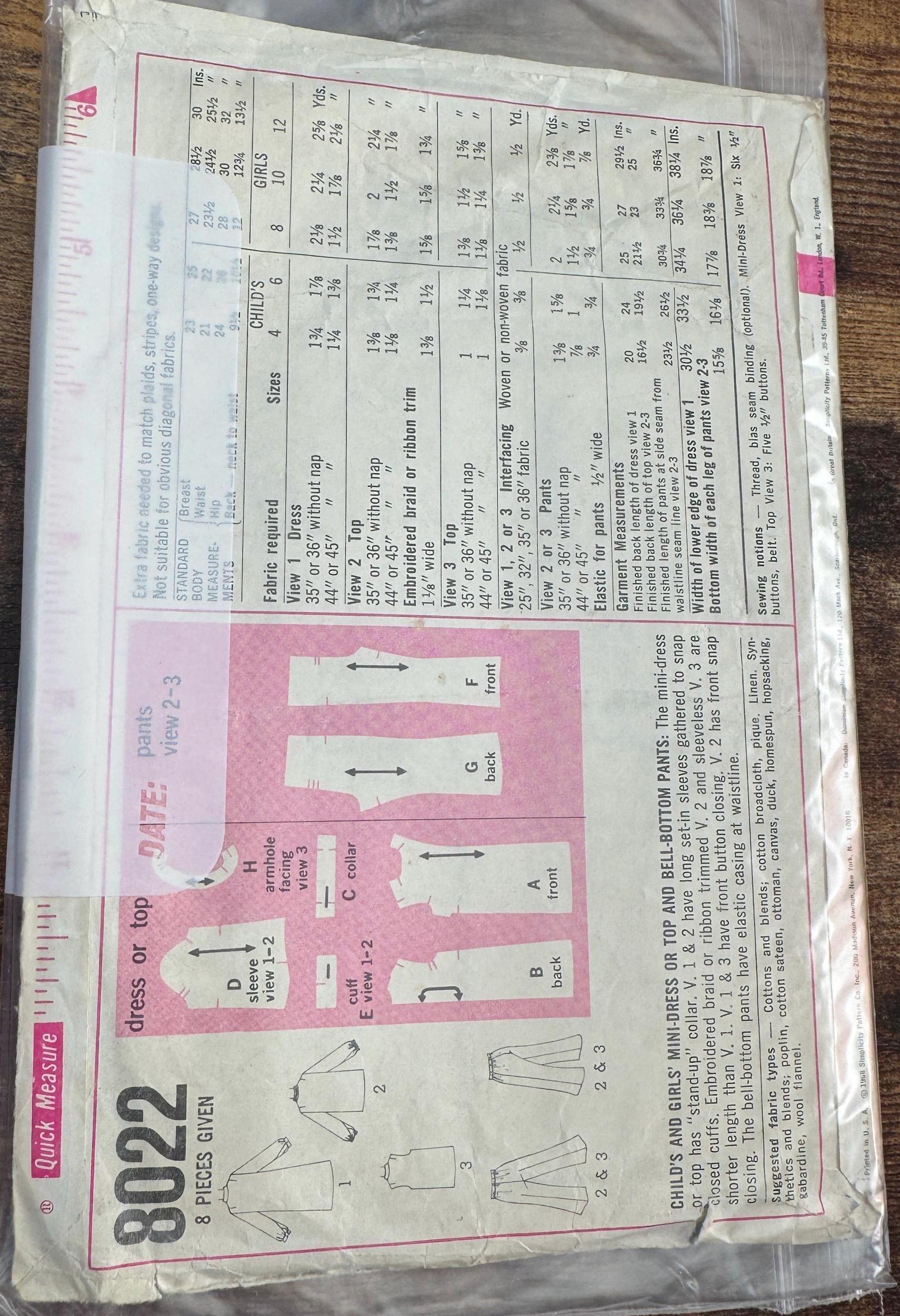 Simplicity 8022 Vintage Sewing Pattern - Child’s Mini Dress, Top, and ...