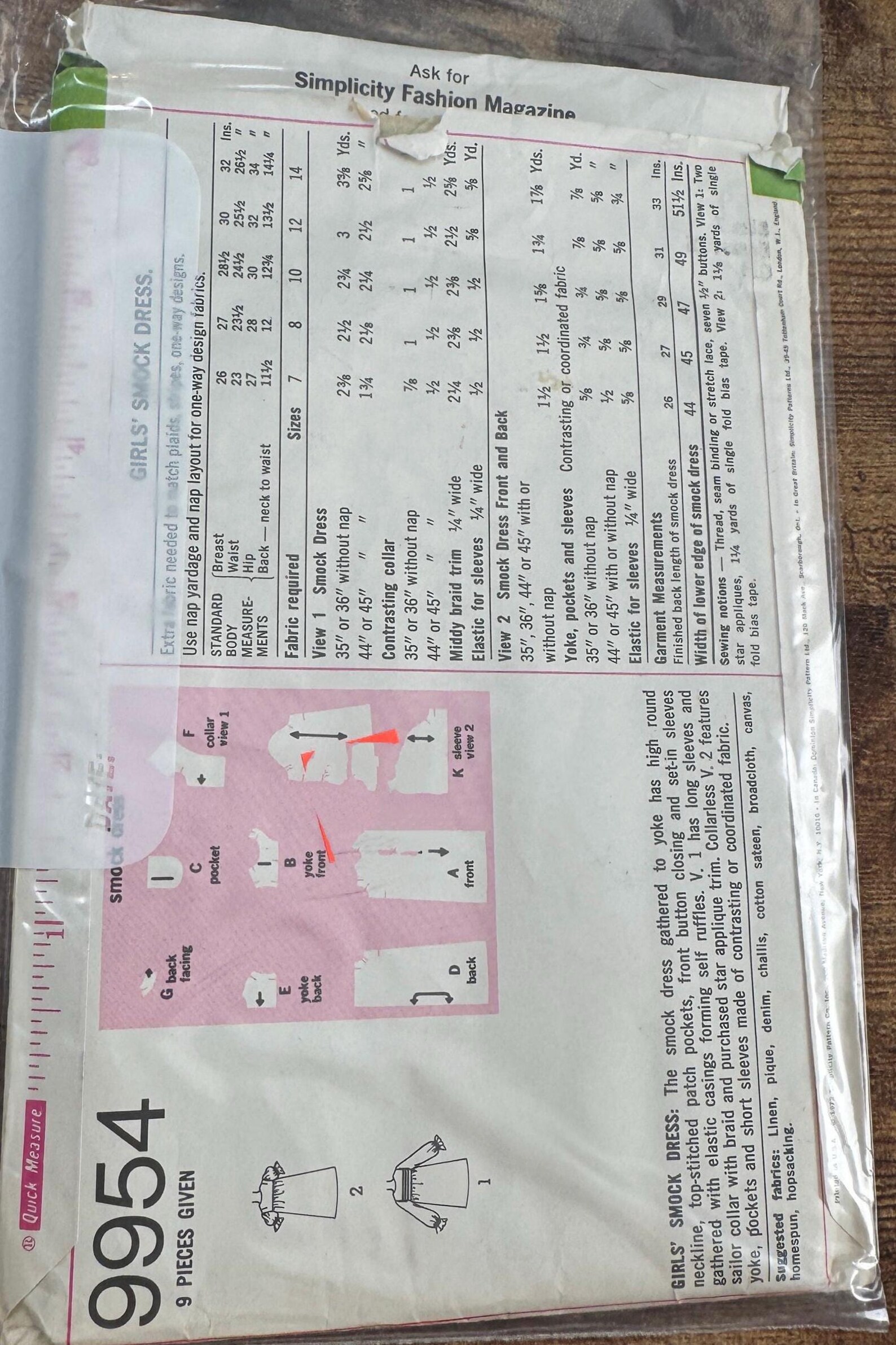 Simplicity 9954 Vintage Sewing Pattern - Girls’ Smock Dress, Size 7 ...