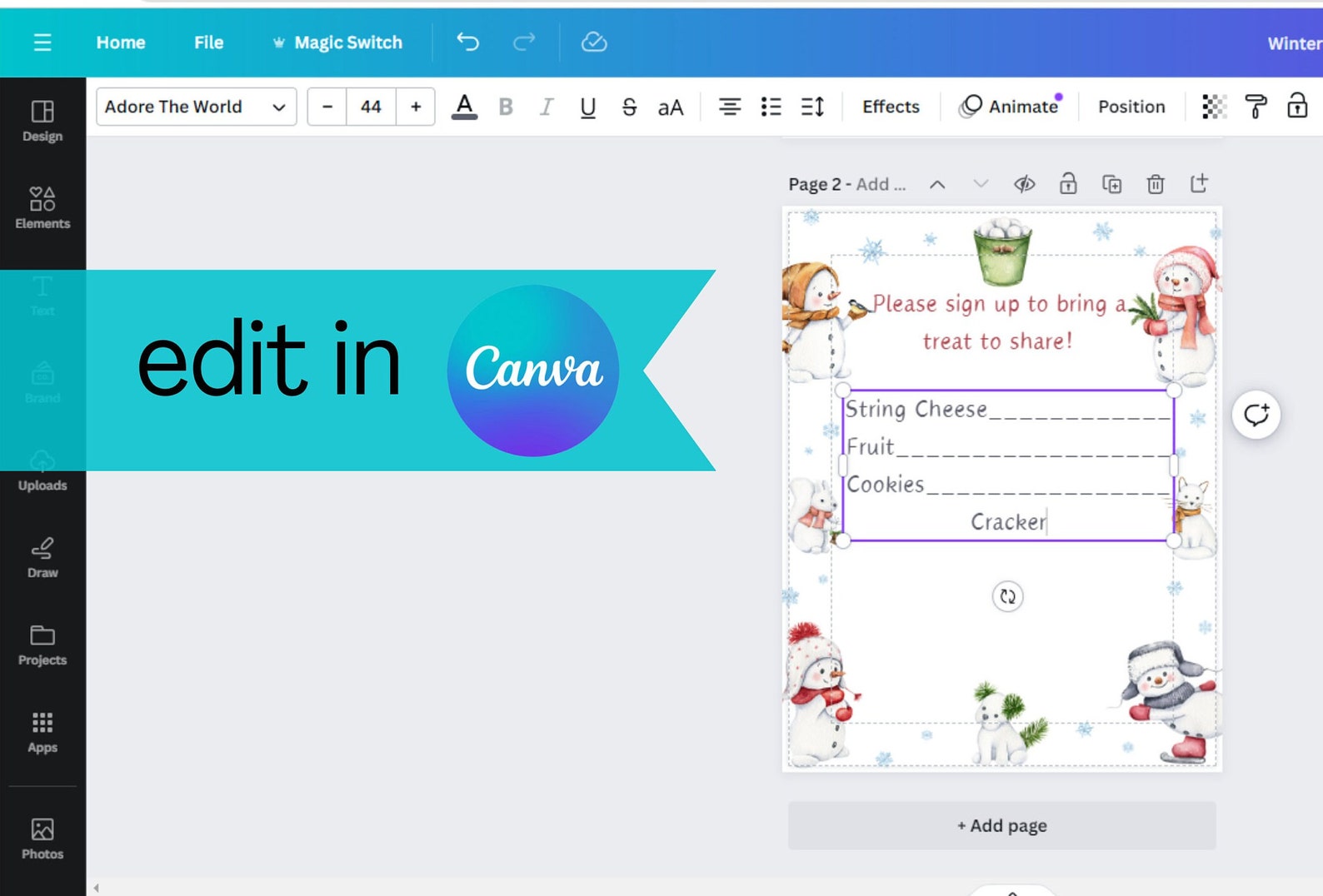 Editable Winter/ Snowman Party Sign up Sheet - Etsy