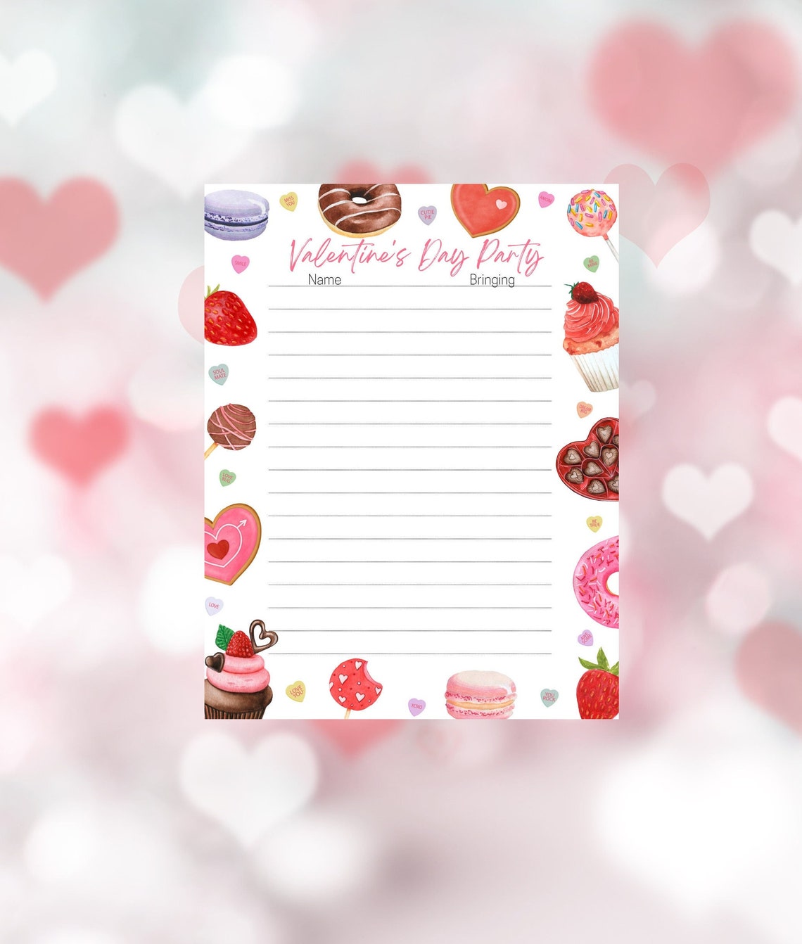 Valentines Day Party Sign up Sheet- PDF and Editable Digital Download ...