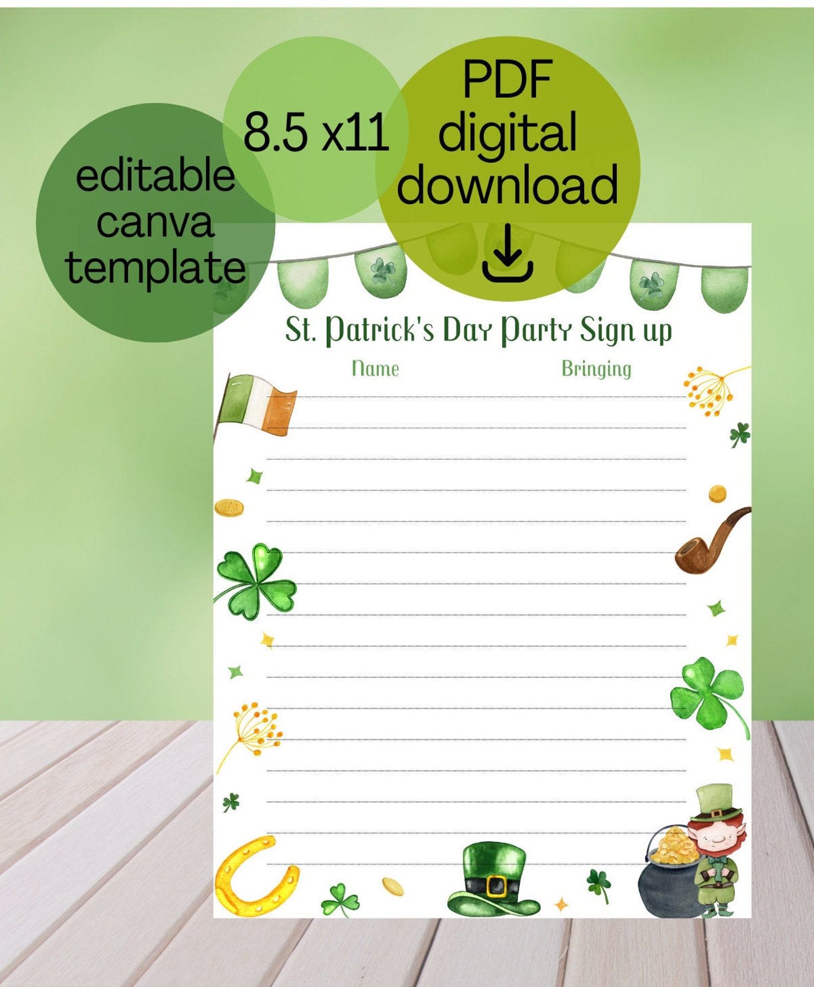 Editable St. Patrick's Day Party Sign up Sheet, Digital Download, - Etsy