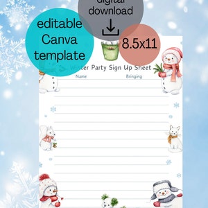 Editable Winter/ Snowman Party Sign up Sheet - Etsy