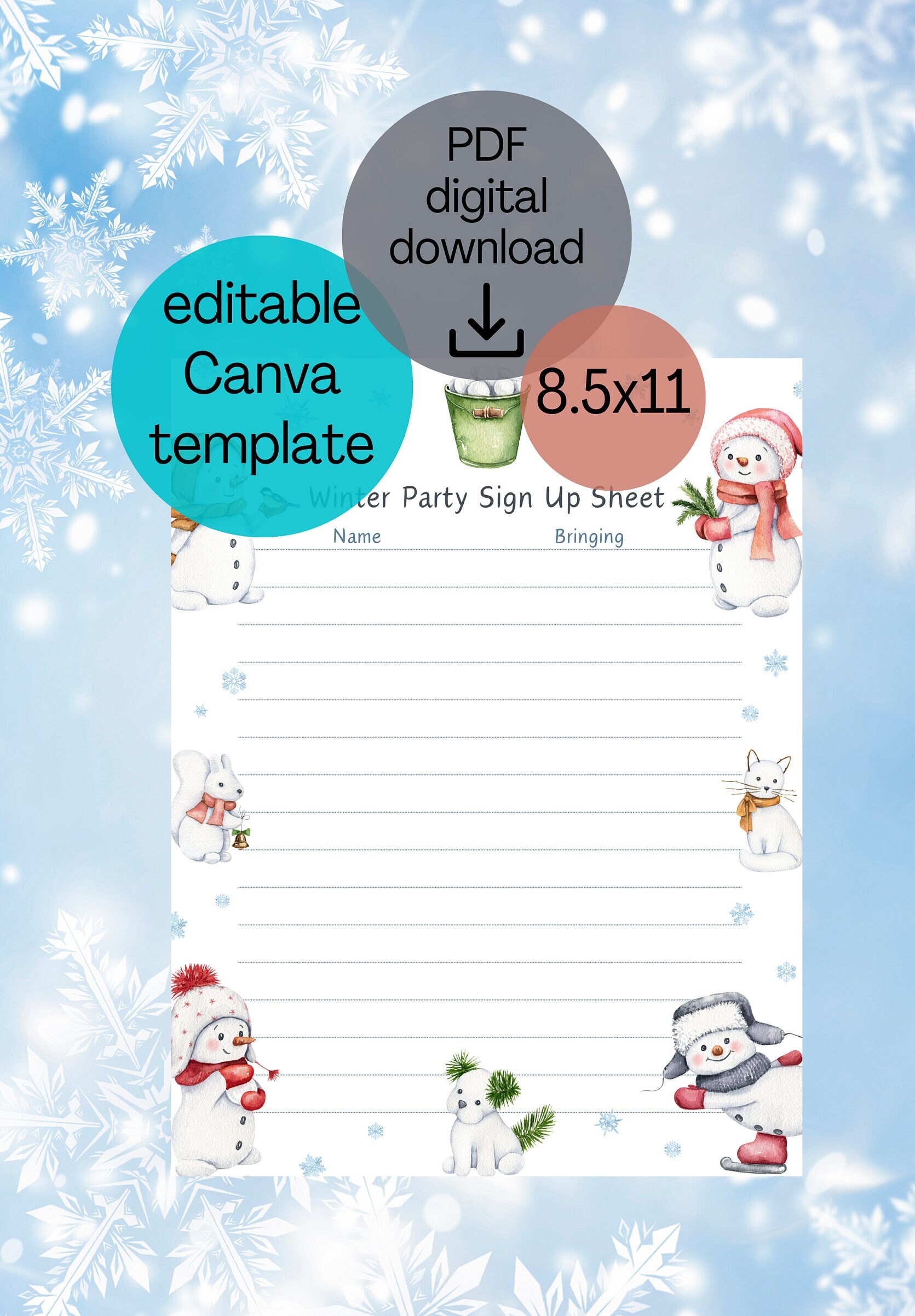 Editable Winter/ Snowman Party Sign up Sheet - Etsy