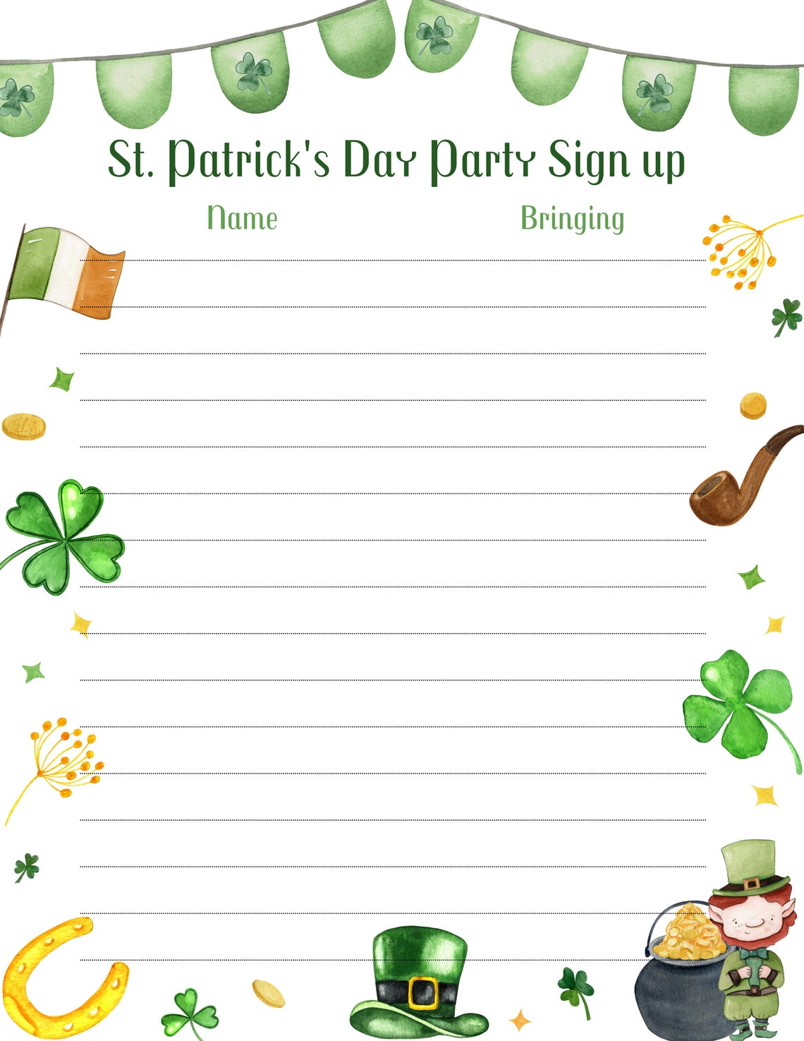 Editable St. Patrick's Day Party Sign up Sheet, Digital Download, - Etsy