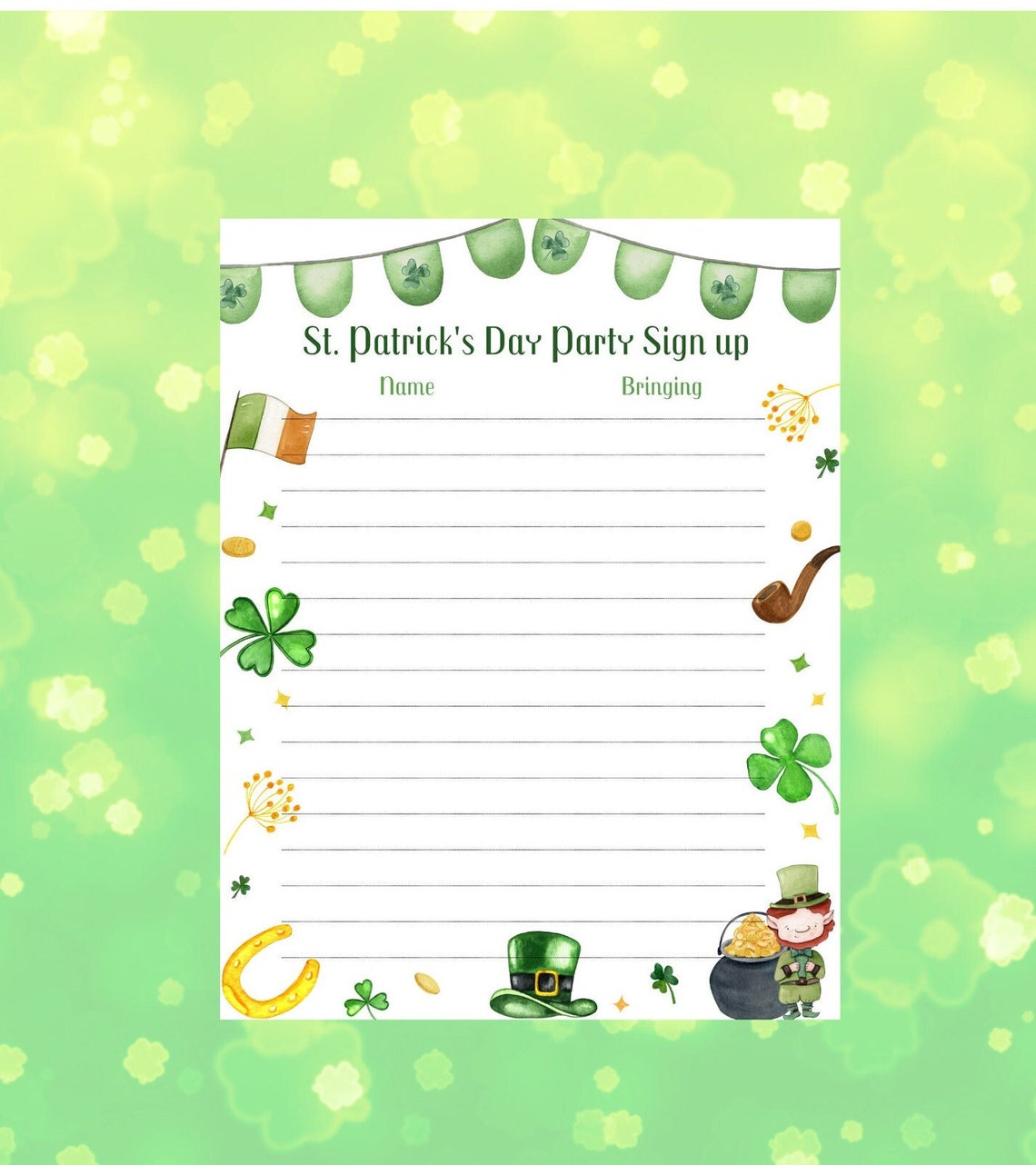 Editable St. Patrick's Day Party Sign up Sheet, Digital Download, - Etsy