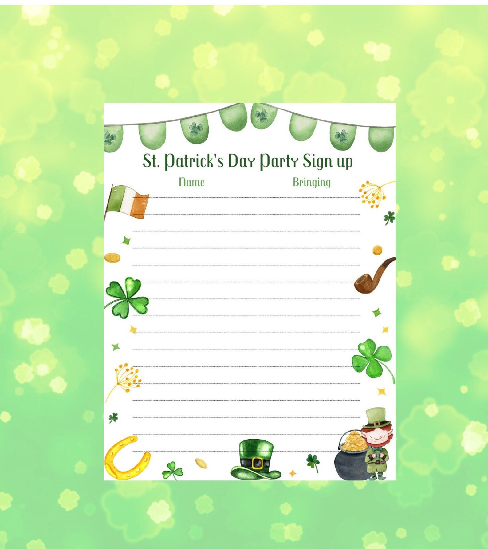 Editable St. Patrick's Day Party Sign up Sheet, Digital Download, - Etsy
