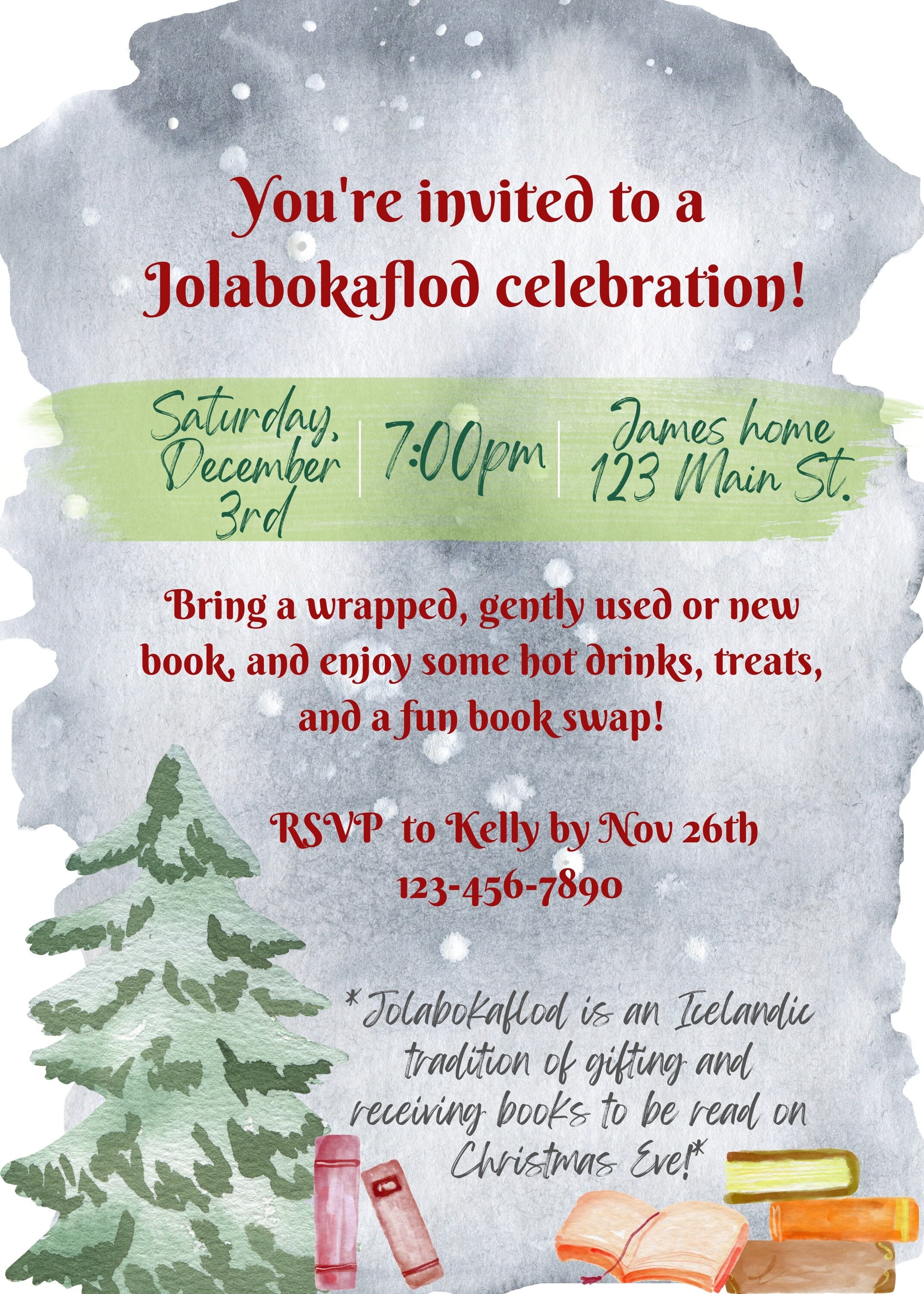 Jolabokaflod Party Invitation, Christmas Book Flood, Christmas Book ...