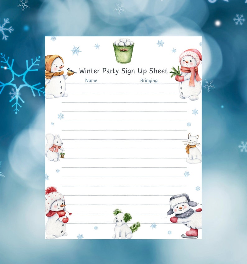 Editable Winter/ Snowman Party Sign up Sheet - Etsy