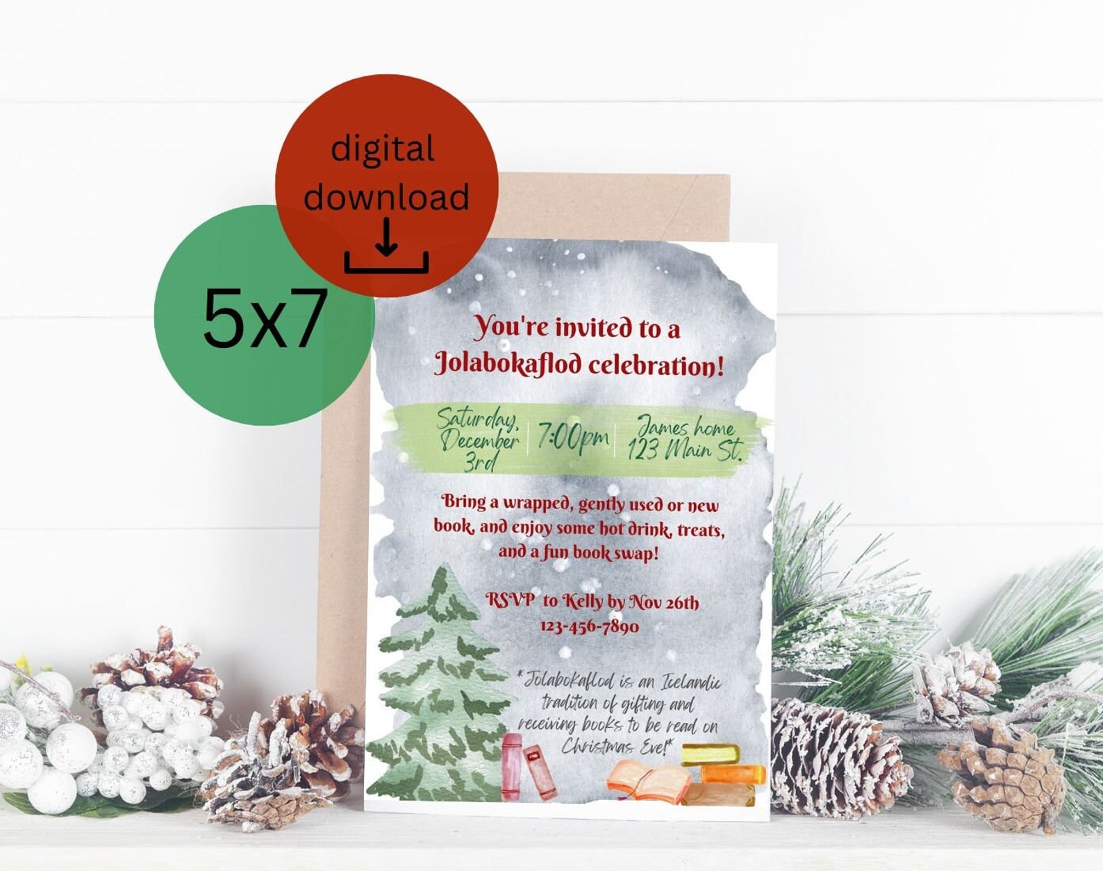 Jolabokaflod Party Invitation, Christmas Book Flood, Christmas Book ...