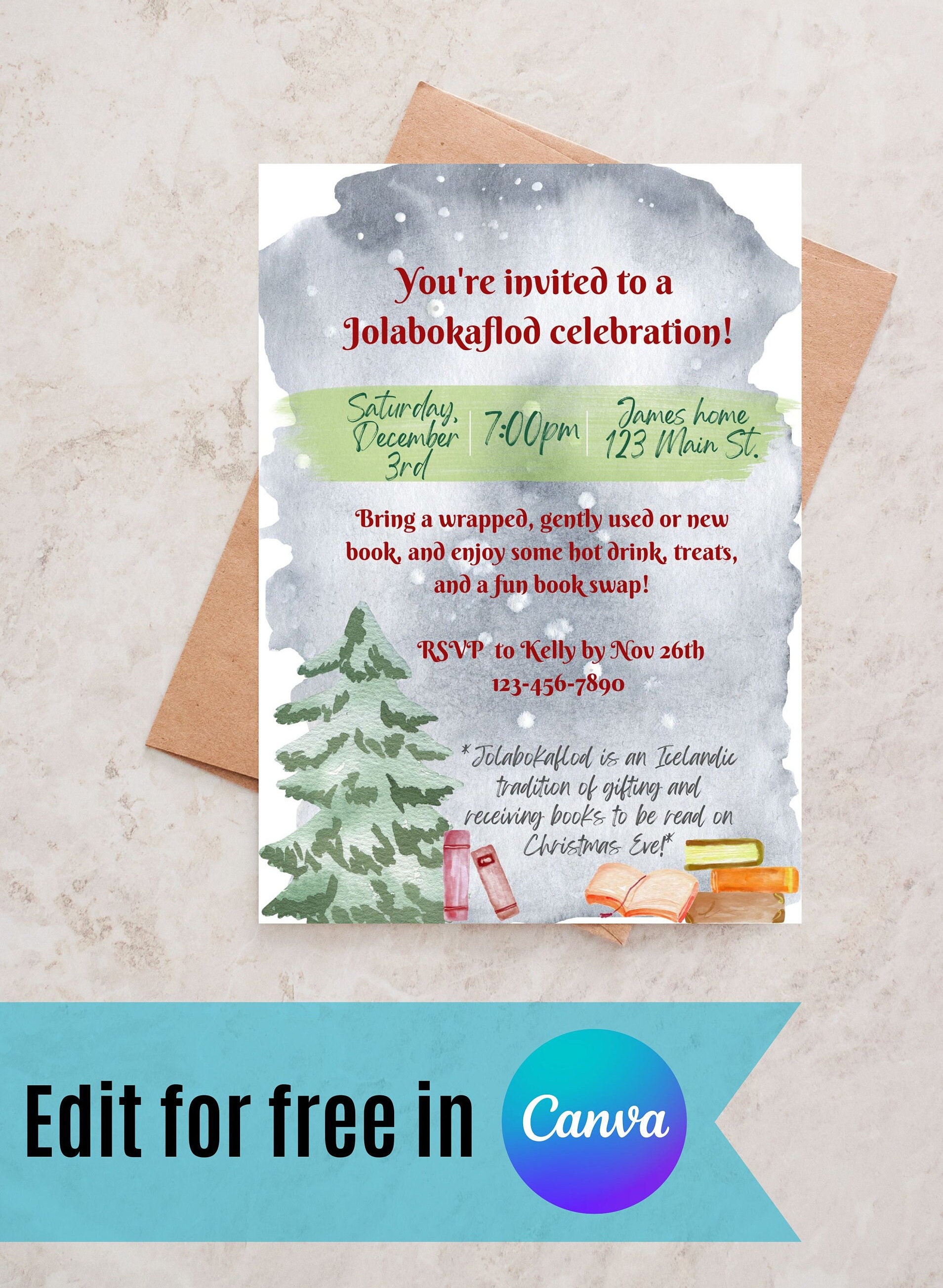 Jolabokaflod Party Invitation, Christmas Book Flood, Christmas Book ...