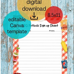 Editable BBQ Potluck Sign up Sheet - Etsy