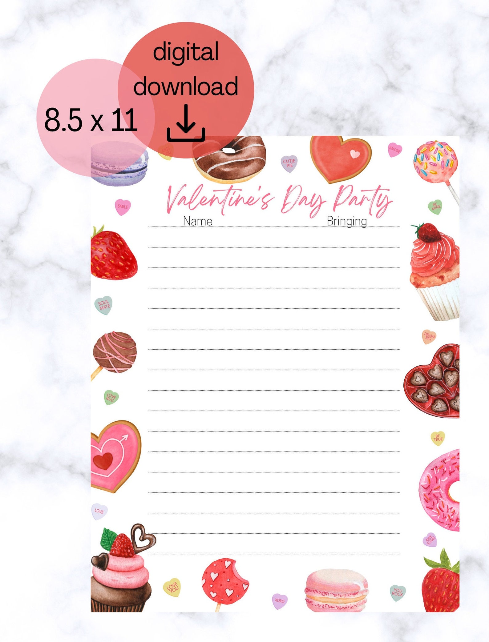 Valentines Day Party Sign up Sheet- PDF and Editable Digital Download ...