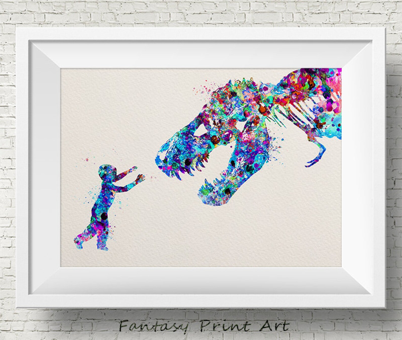 Boy and Dinosaur T-rex 1, Dinosaur Print, Dinosaur Bones, Colorful Kids ...