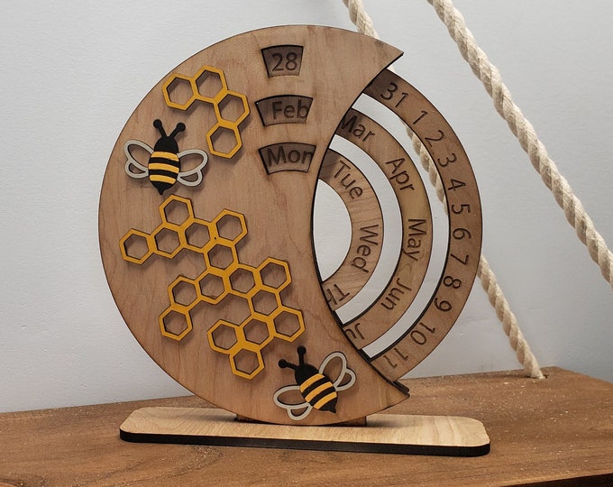 Wood Perpetual Calendar Honeycomb Bumblebee Calendar Teacher Gift Desk ...
