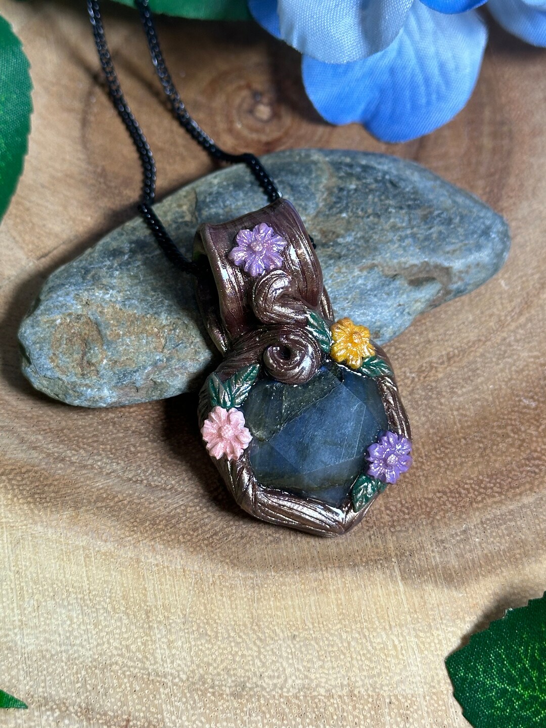 Labradorite Enchanted Garden Necklace Polymer Clay Jewelry Clay Art Magical Spring Flowers ...