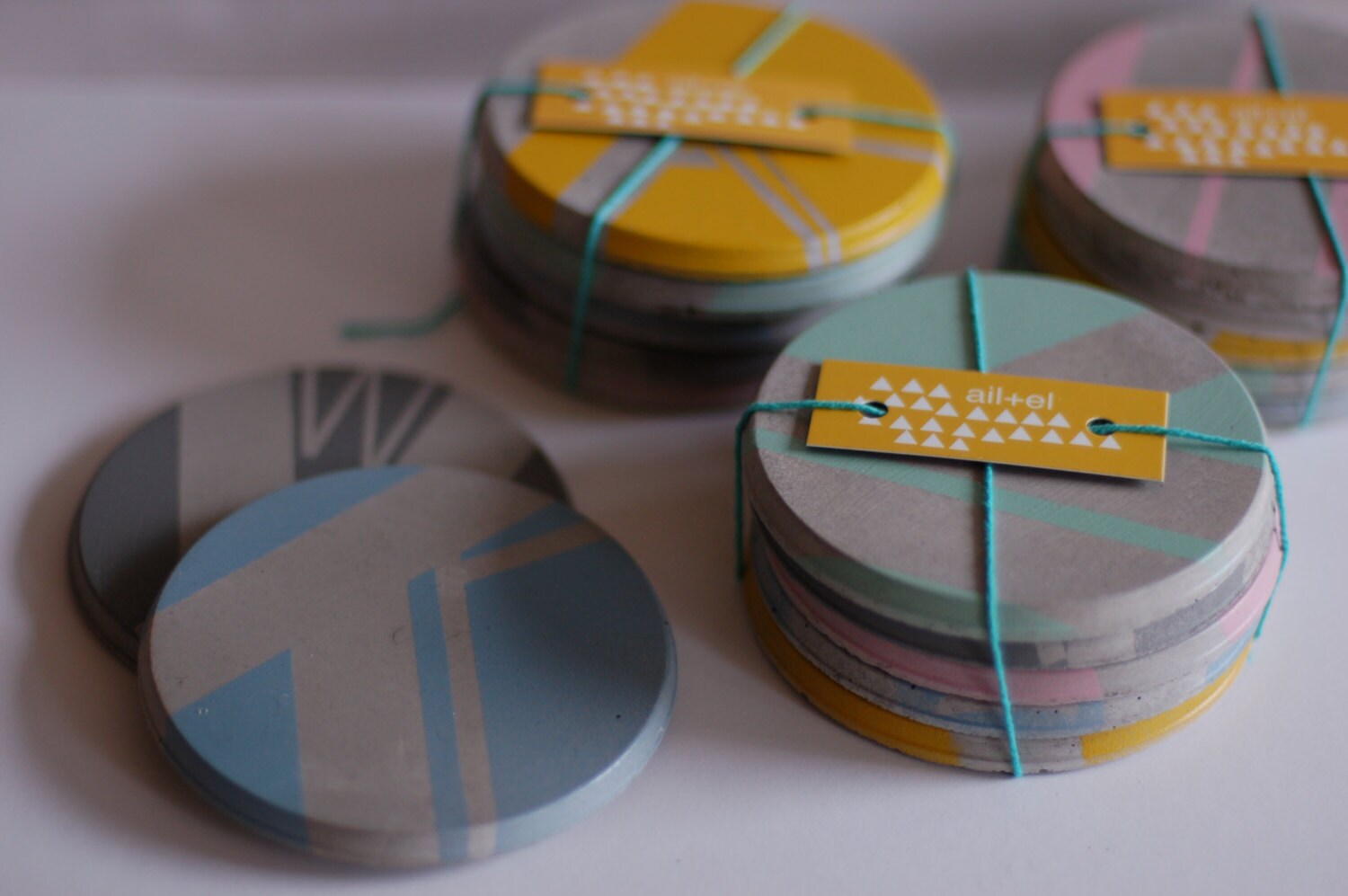 Concrete Coasters 4 Piece Multi Coloured Pastel Set, Geometric Patterns ...