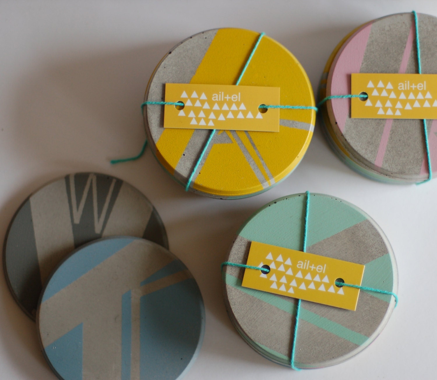 Concrete Coasters 4 Piece Multi Coloured Pastel Set, Geometric Patterns ...