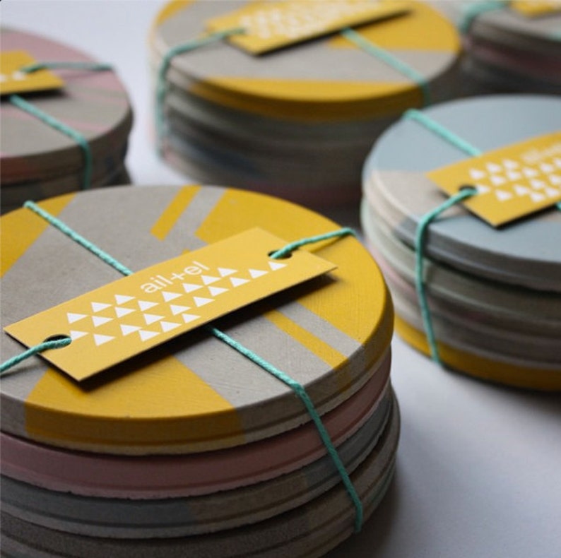 Concrete Coasters 4 Piece Multi Coloured Pastel Set, Geometric Patterns ...