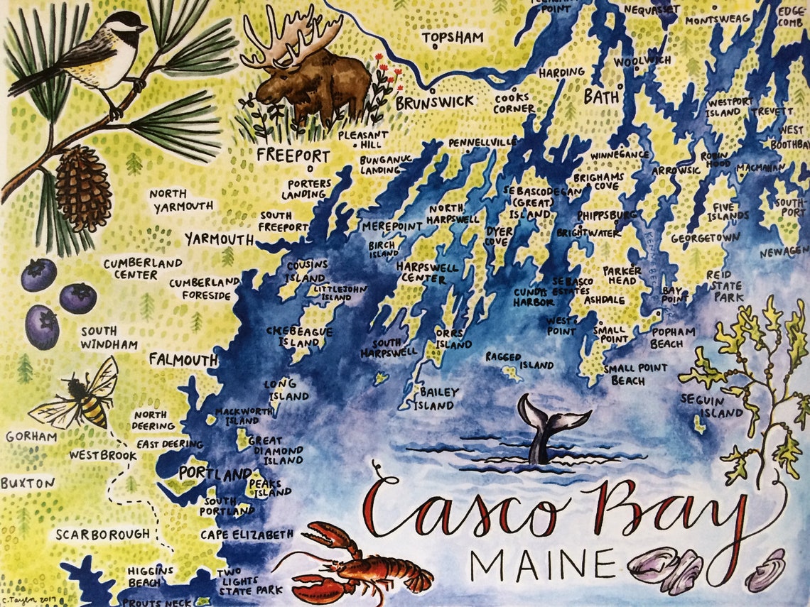 Casco Bay Illustrated Map Print - Etsy