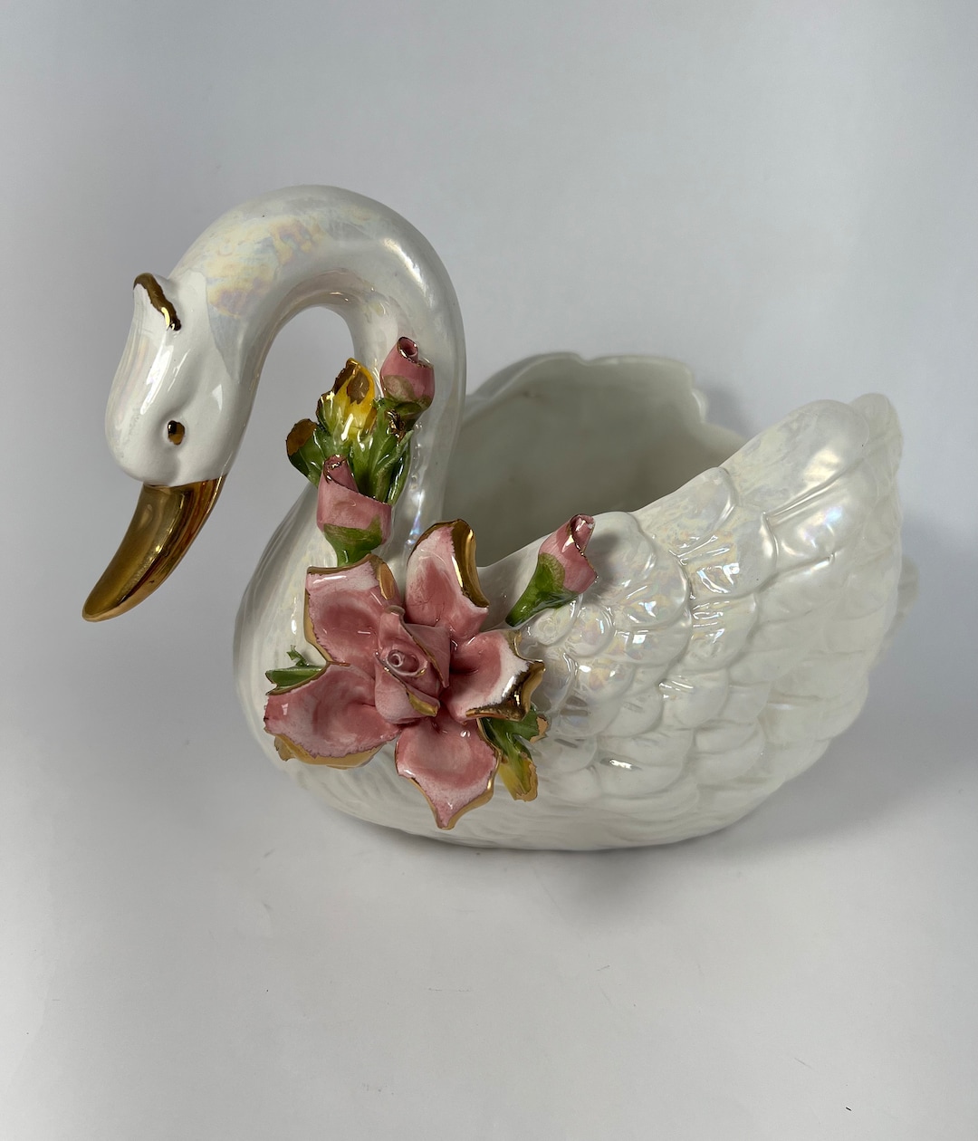 Capodimonte Iridescent Swan Planter With Pink Roses, Made in Italy - Etsy