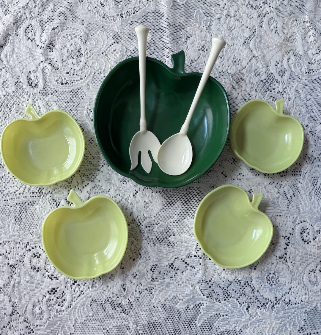 Hazel Atlas Apple Shaped Bowl Set, Dark Green Embossed Serving Bowl & 4 ...