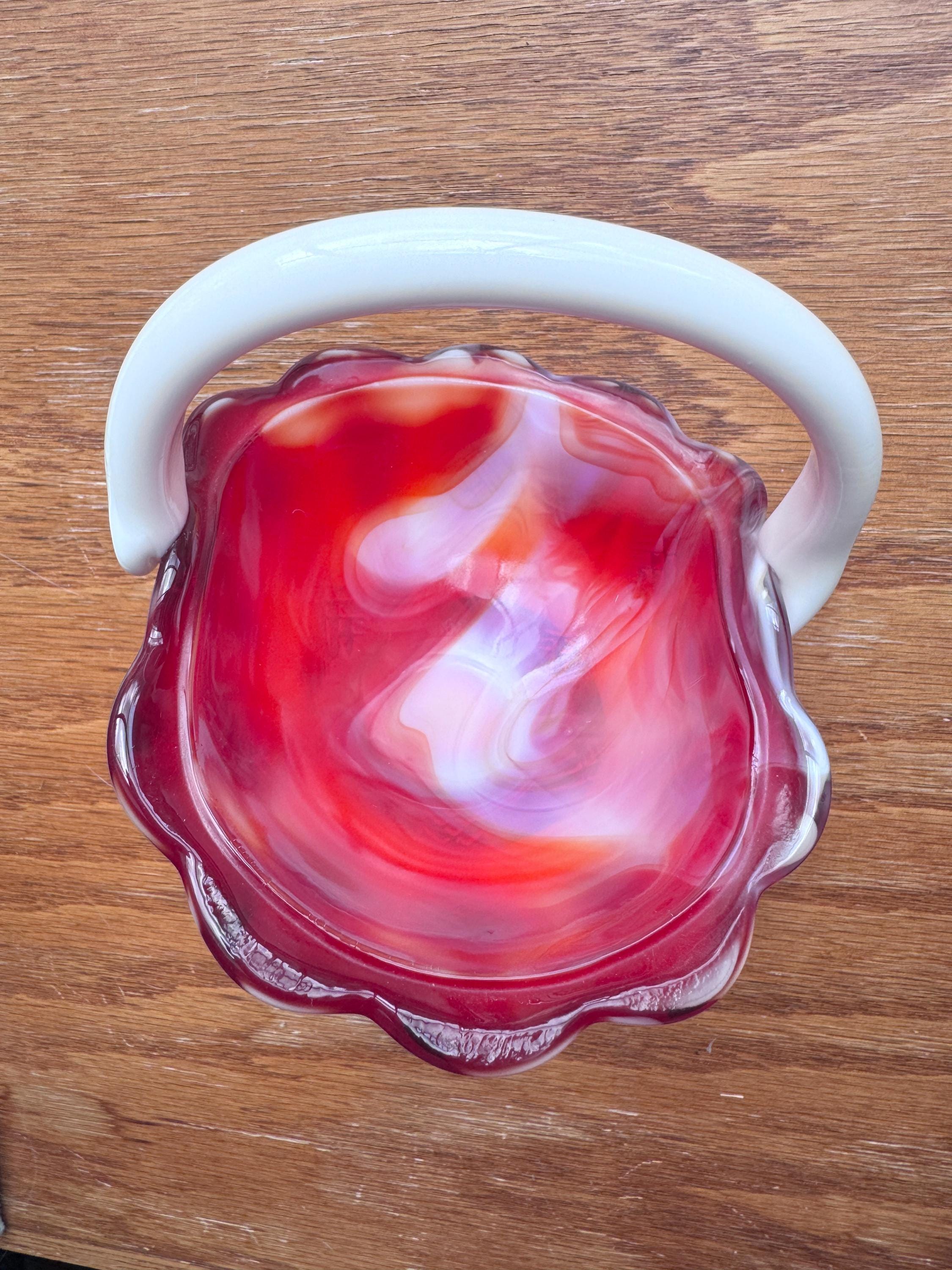 Imperial Glass 1970's Slag Glass Basket Chevron Design, Ruby Red, White ...