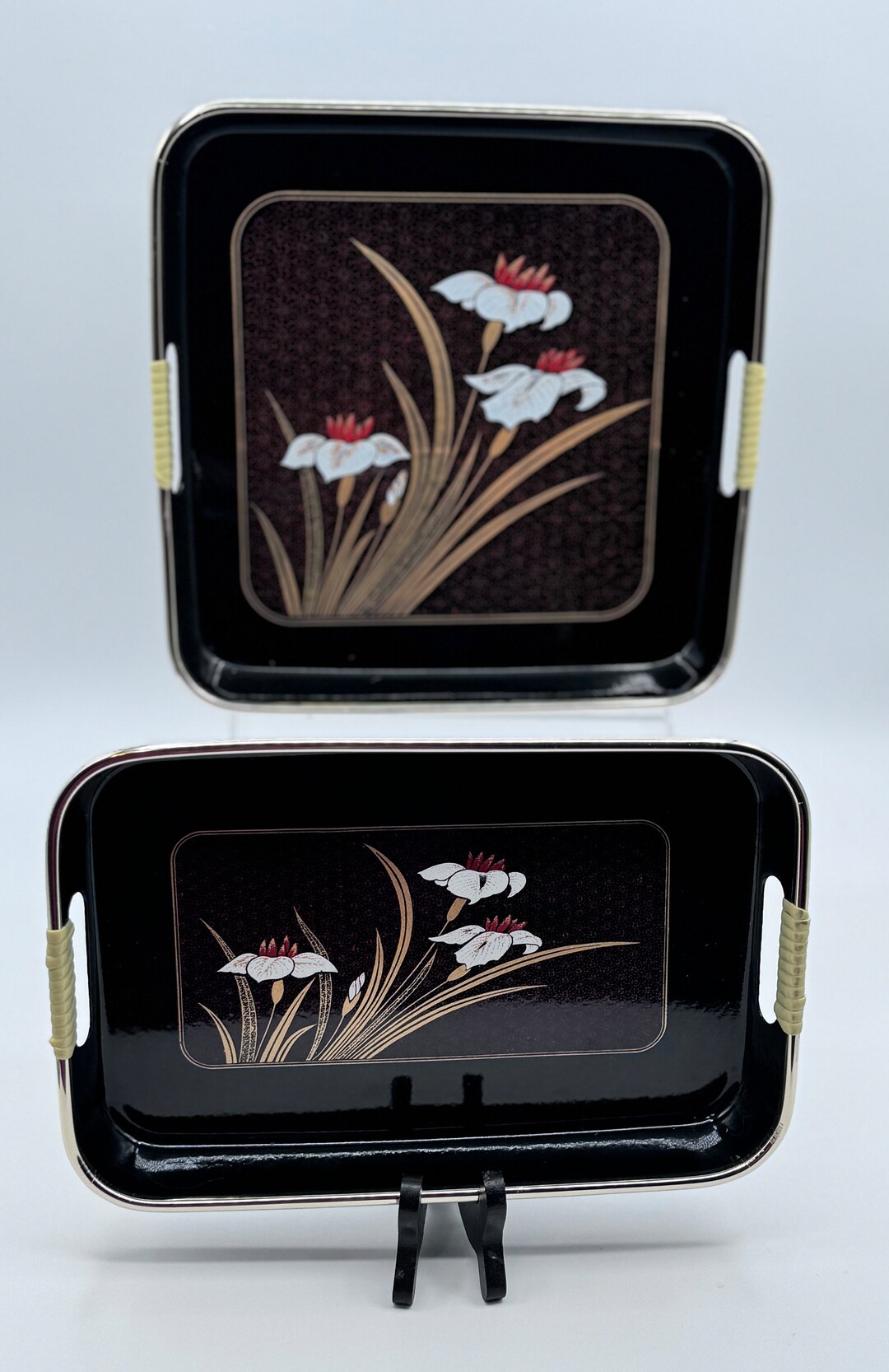 Vintage Japanese Lacquerware Floral Nesting Serving Trays Set of 2 ...