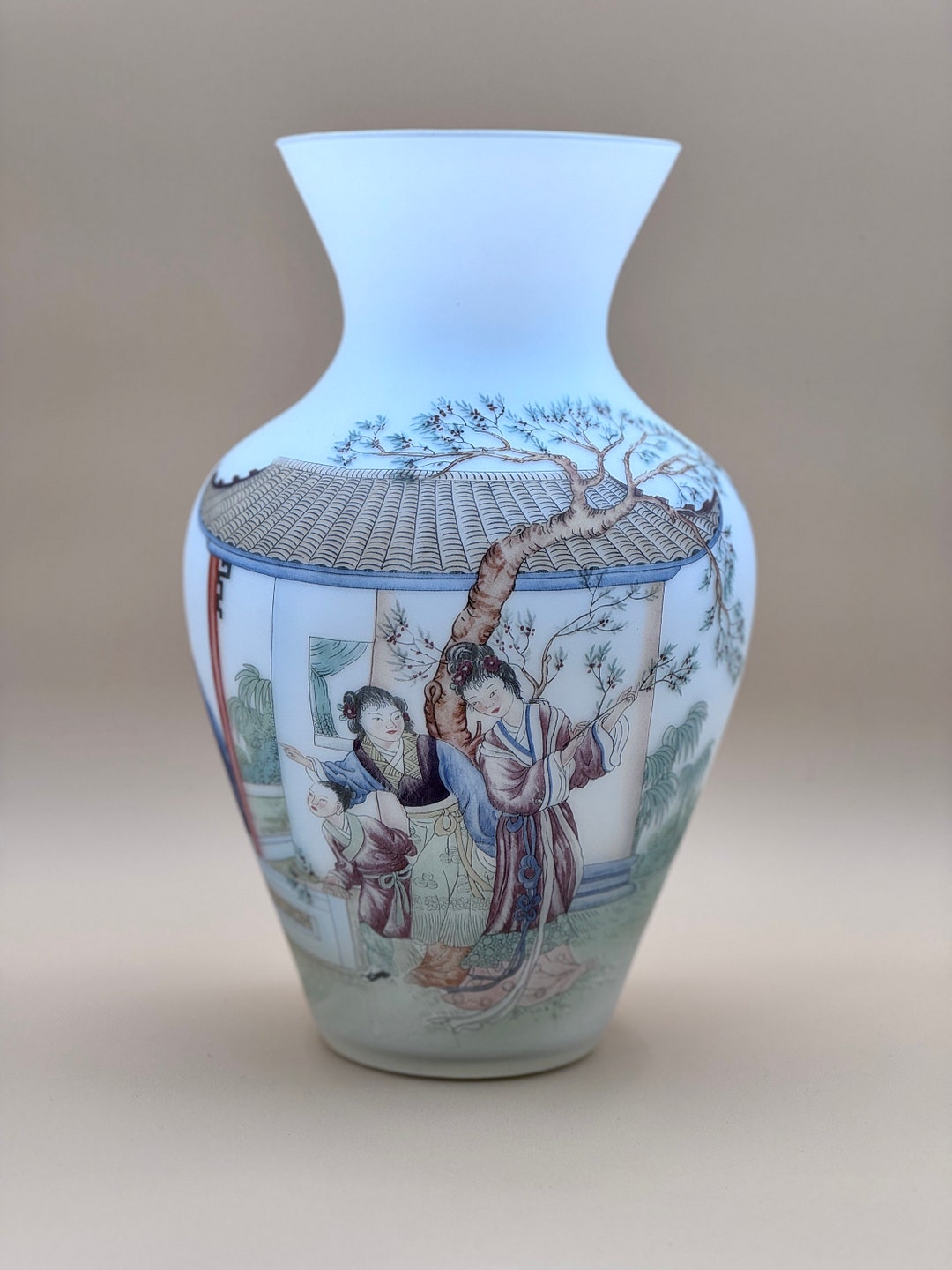 MCM Opalescent White Frosted Glass Oriental Scene Vase, Transfer Print ...