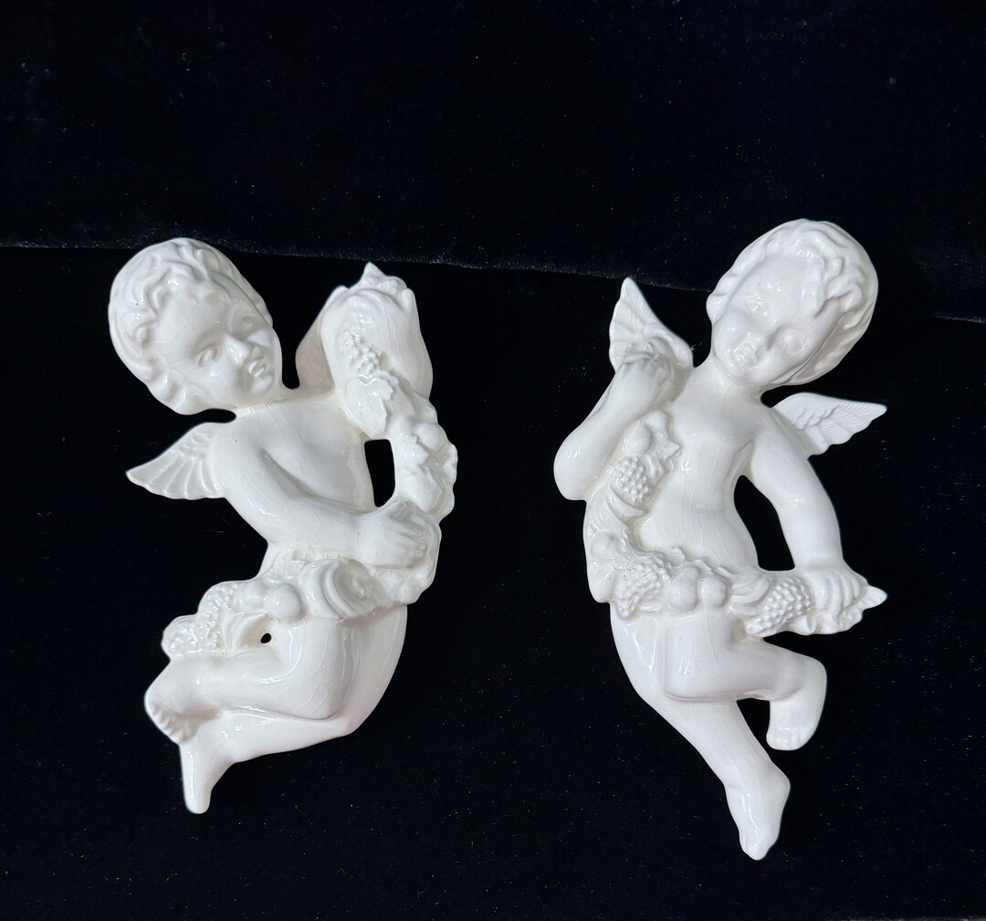 Vintage White Ceramic Wall Cherubs / Cherub Holding Fruit Garland, Set ...
