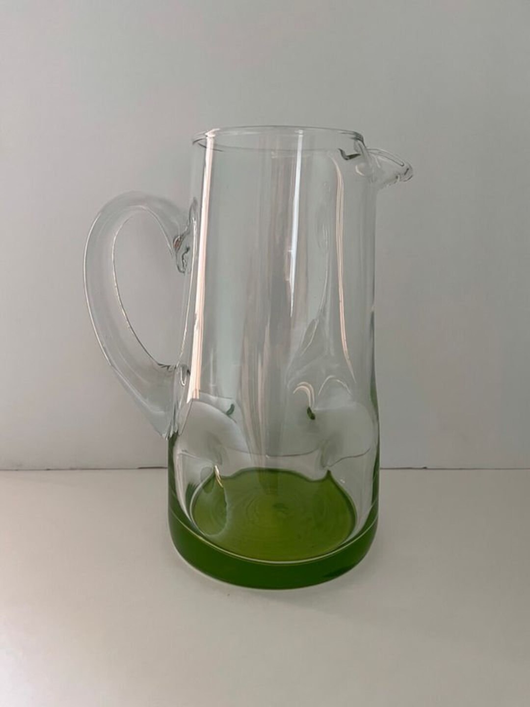 Blenko Clear Glass Pinched / Dimpled Pitcher With Chartreuse Green Base ...