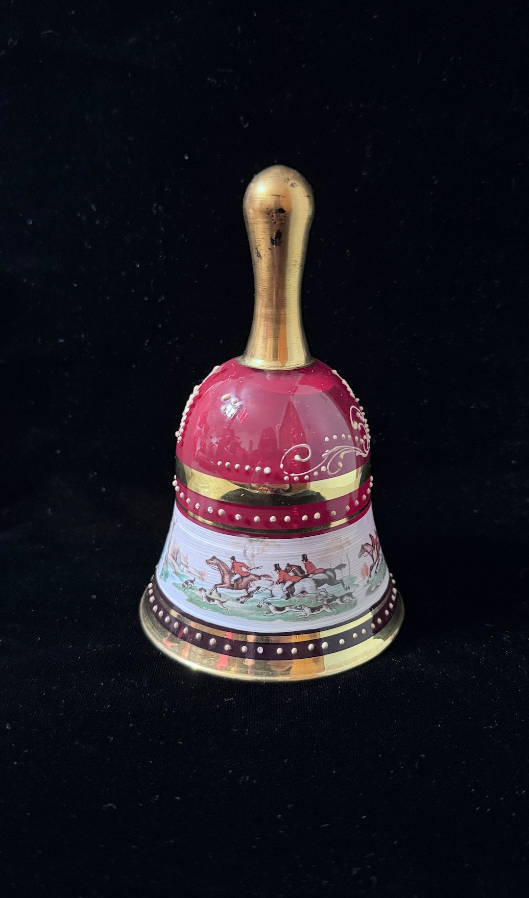 Vintage KB Italy Ruby Red Glass Bell Handpainted Hunting Scene, Gold ...