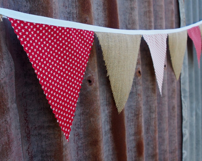 Rustic Burlap and Cotton Christmas Bunting With Stars. Hanging ...